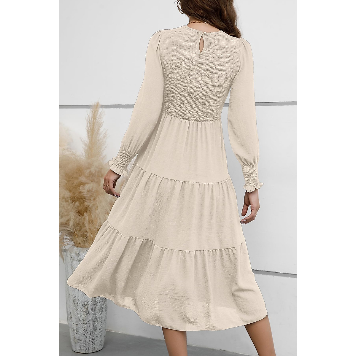ZOOMOON Women’s Smocked Puff Sleeve Dress 2025 Fall Winter Crewneck Tiered Midi Flowy Dresses(Beige,XL)