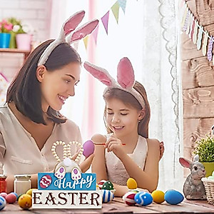 OYATON Easter Decorations for the Home - Rustic Spring Happy Easter Bunny Wood Sign Block with Egg and Wooden Beads Decor for Table, Mantle, Tiered Tray - Indoor Mini Easter Decor