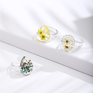 Chunky Acrylic Dried Flower Resin Rings Set Transparent Aesthetic Wide Thick Knuckle Stacking Ring for Women Colorful Beach Colorful Boho Jewelry-5pcs