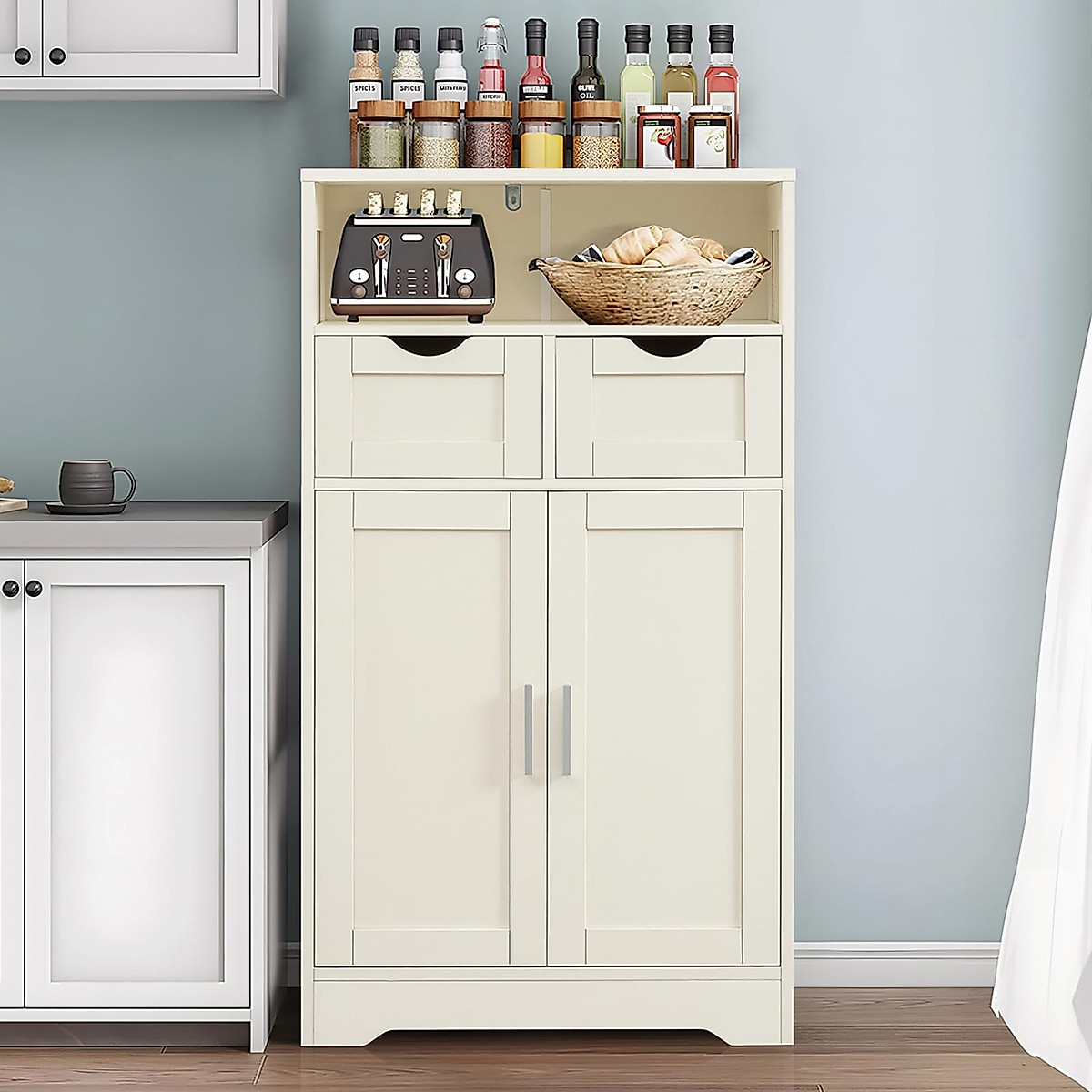 Iwell Tall Storage Cabinet, Bathroom Cabinet with 2 Drawers & 2 Adjustable Shelves, Bathroom Floor Cabinet for Living Room, Home Office, Soft White