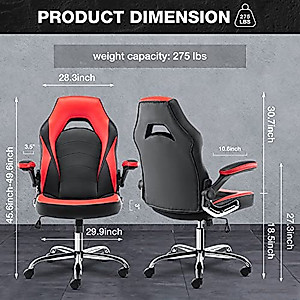 Ergonomic Gaming Office Chair - PU Leather Executive Swivel Computer Desk Chair with Flip-up Armrests and Lumbar Support for Working, Studying, Gaming, Grey