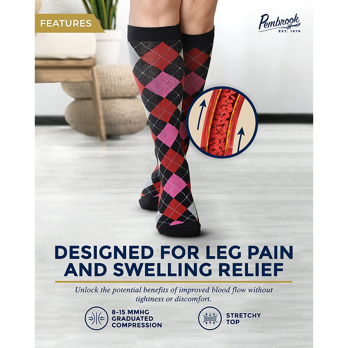 Pembrook Light Compression Socks for Women - 6 Pairs | 8-15 mmHg Compression Socks Women | Polkadots, Polkadots, Argyle, Striped Compression Socks Women | Cotton Compression Socks for Women