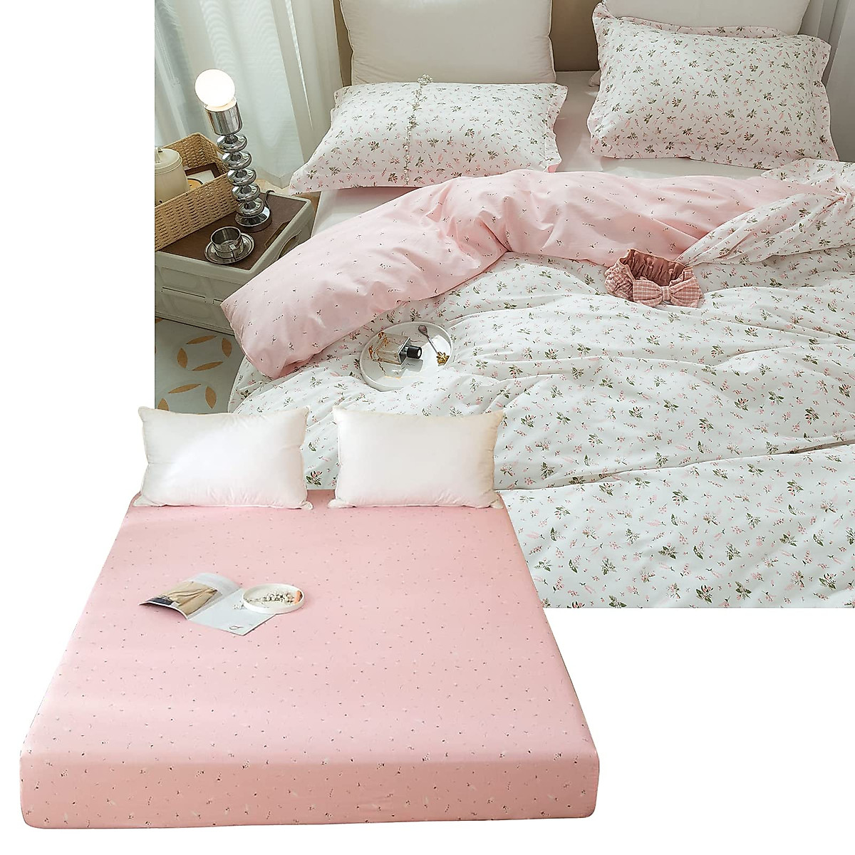 LifeTB 4 PCS Chic Garden Floral Duvet Cover Set【1 Queen Duvet Cover + 2 Standard Pillowcases + 1 Queen Fitted Sheet】