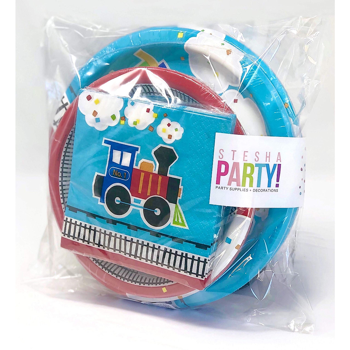 Train Party Supplies - Choo Choo Birthday Paper Plates and Napkins (48 Pieces)