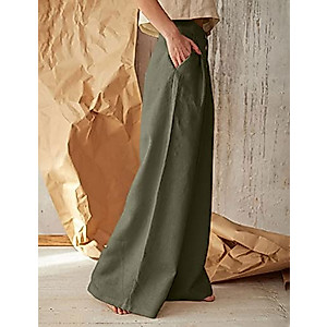 Mingzhu Womens Casual High Waist Cotton Linen Palazoo Pants Summer Wide Leg Trousers with Pockets(0610-Green-S)