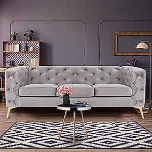 QHITTY Chesterfield Sofa, 84'' Modern 3 Seater Velvet Accent Couch with Square Arms and Metal Tufted Button, Metal Legs for Living Room, Office, Bedroom (Grey)