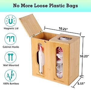 Grocery Bag Holder & Trash Bag Dispenser-2 in 1-Bamboo Plastic Bag Holder with Large Storage Capacity and Wall-Mounted Design, Grocery Plastic Bag Dispenser for Kitchen and Laundry Room Organization