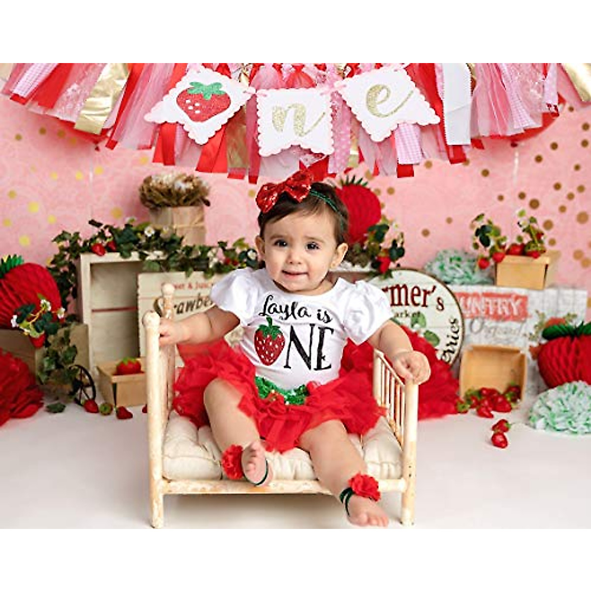 Berry Strawberry Theme High Chair Banner - Sweet First Birthday Banner - Smash Cake Photo Prop - 1st Birthday Photo Backdrop Decorations - Birthday Souvenir and Gifts for Kids (Strawberry-2)