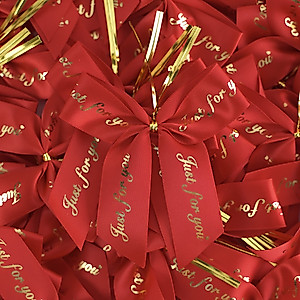 AIMUDI Red Satin Ribbon Twist Tie Bows for Valentine's Day 3.5" Premade Just for You Bows Red and Gold Bows for Treat Bags Gift Wrapping Crafts Party Favors Cake Pop Candy Apple Baby Shower-50 Counts