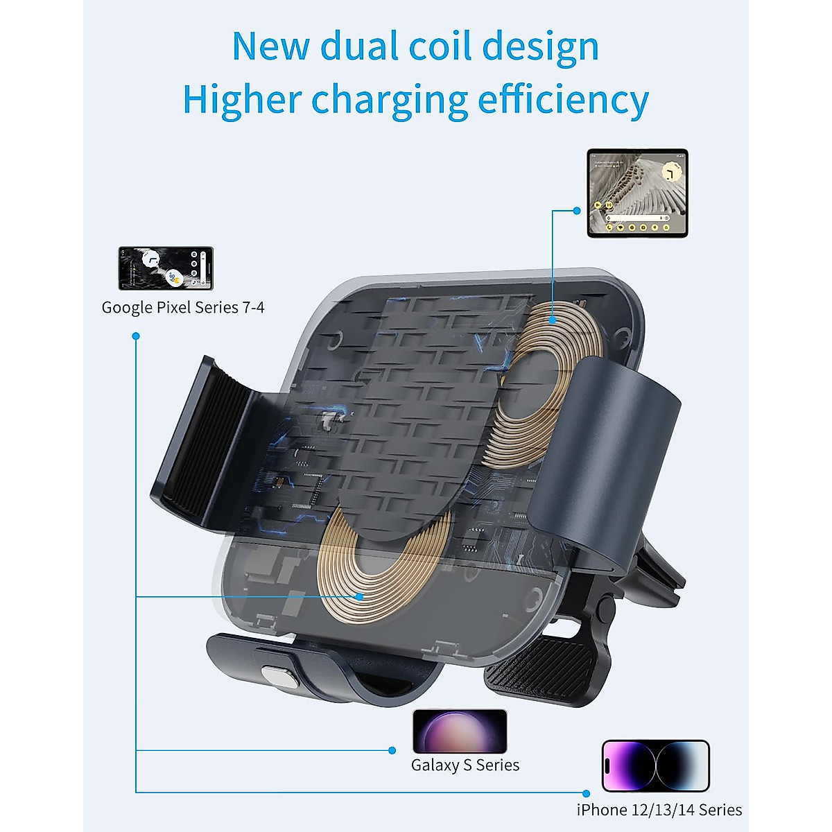 ANPULES Wireless Car Charger Mount for Google Pixel Fold, Dual Coil 15W Fast Charging Auto Clamping Car Charger for Pixel 8/ 8Pro, Dashboard Windshield Car Phone Holder for Google Pixel 7/7 Pro/6