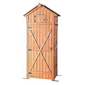 LVUYOYO Garden Storage Shed - Outdoor Wooden Storage Cabinet with Lockable Doors - Backyard Utility Tools Organizer Racks Shelves for Patio, Backyard, Garden, Lawn