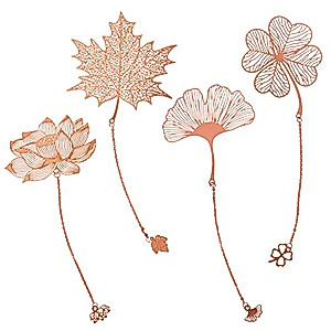 4 Pack Vintage Metal Bookmarks with Pendant, Gift Bookmark, Golden Hollow Bookmark, Metal Leaf Bookmark, Metal Openwork Bookmark, Four-Leaf Clover + Almond Leaf + Maple Leaf + Lotus Flower (Rose Gold)