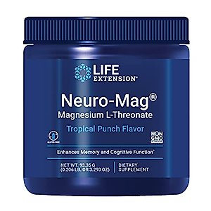 Life Extension Neuro-Mag Magnesium L-Threonate Powder (Tropical Punch) - Ultra-Absorbable Magnesium - Supports Memory, Focus, Cognitive Function & Mood - Gluten free, Non-GMO, Vegetarian (30 Servings)