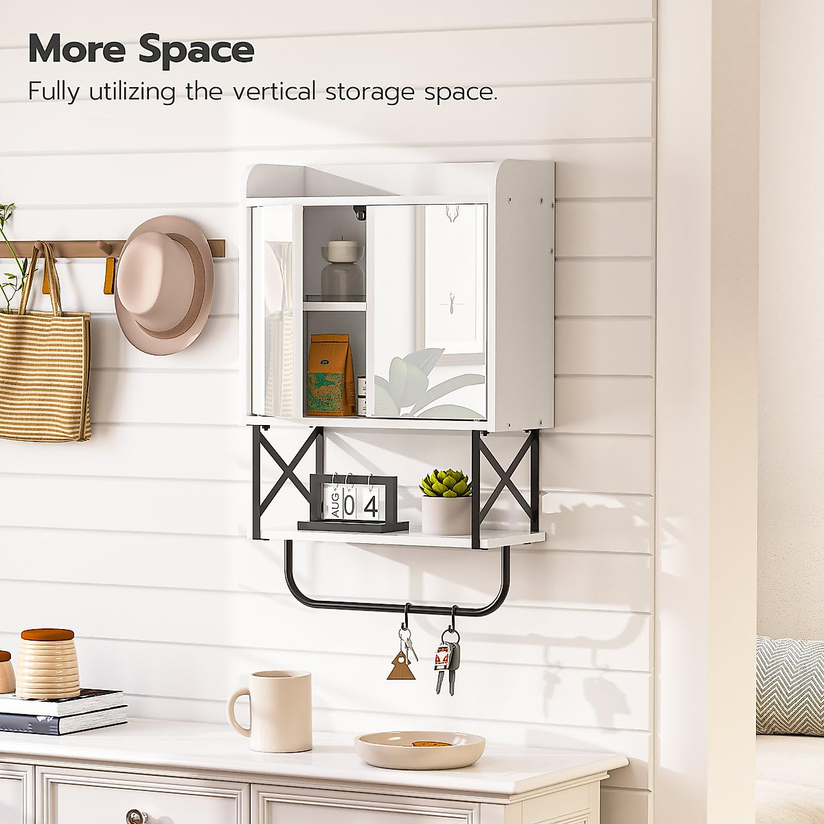 HOOBRO Medicine Wall Cabinet with Mirror, Bathroom Storage Cabinet with Hidden Space and Towel Bar, Double Mirrored Doors, Detachable Shelf, for Bathroom, Living Room, White BW41CW01