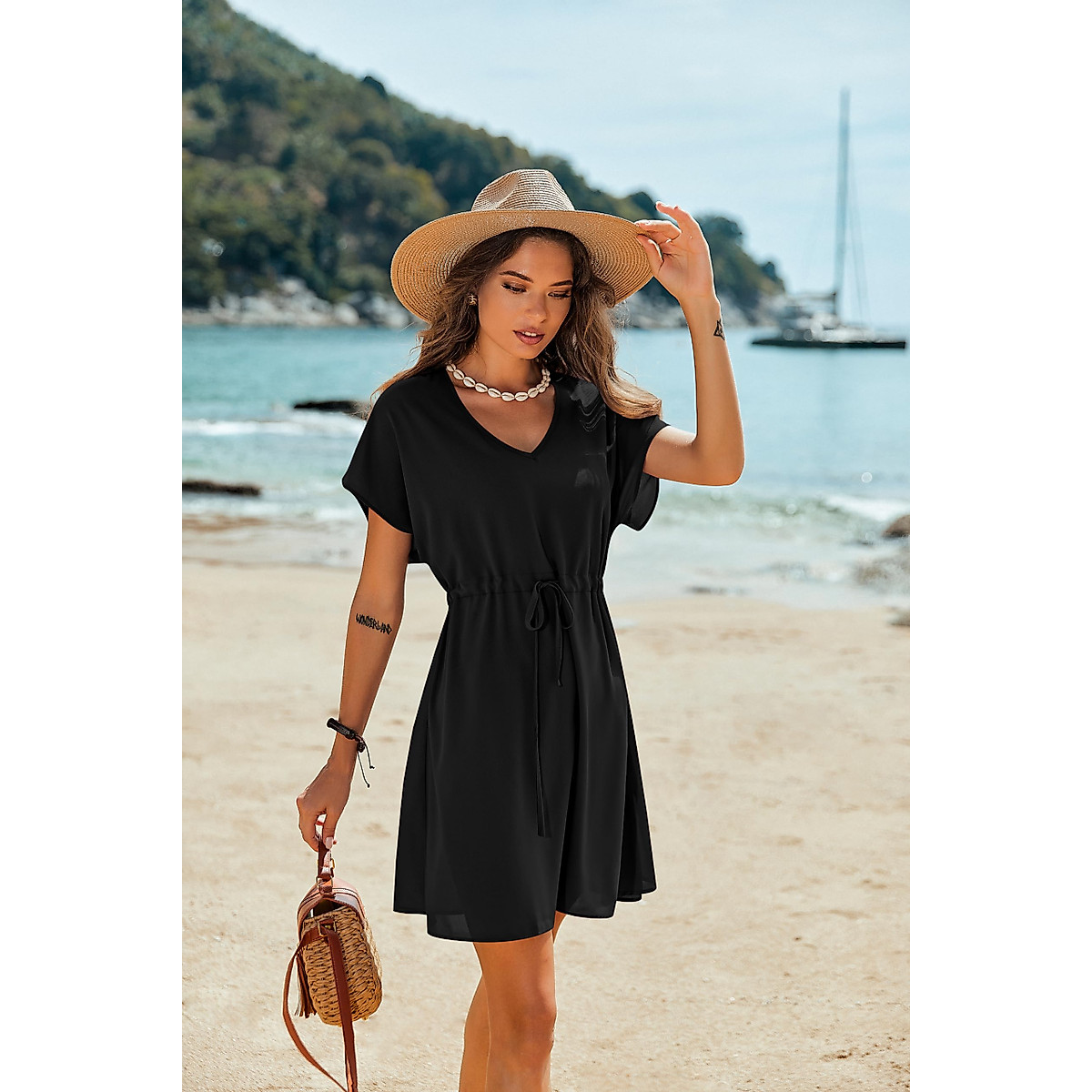 Ekouaer Women's Cover Ups Casual Swimsuit Coverups Flowy Tie Waist Beach Cover Up Dress(Black, X-Large)