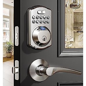 Veise Fingerprint Door Lock with 2 Lever Handles - Keyless Entry Door Lock, Electronic Keypad Deadbolt & Front Door Lock Handle Sets, Auto Lock & 1 Touch Locking, Easy Installation, Satin Nickel