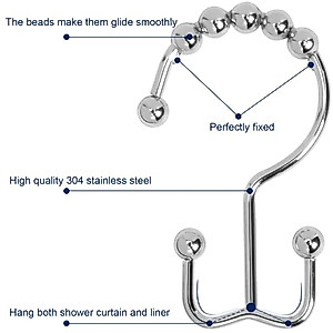 Gidse Shower Curtain Hooks,Sturdy Stainless Steel Double Sided Shower Hooks Rings for Bathroom Shower Curtain Rods Curtains Set of 12 Hooks - Chrome