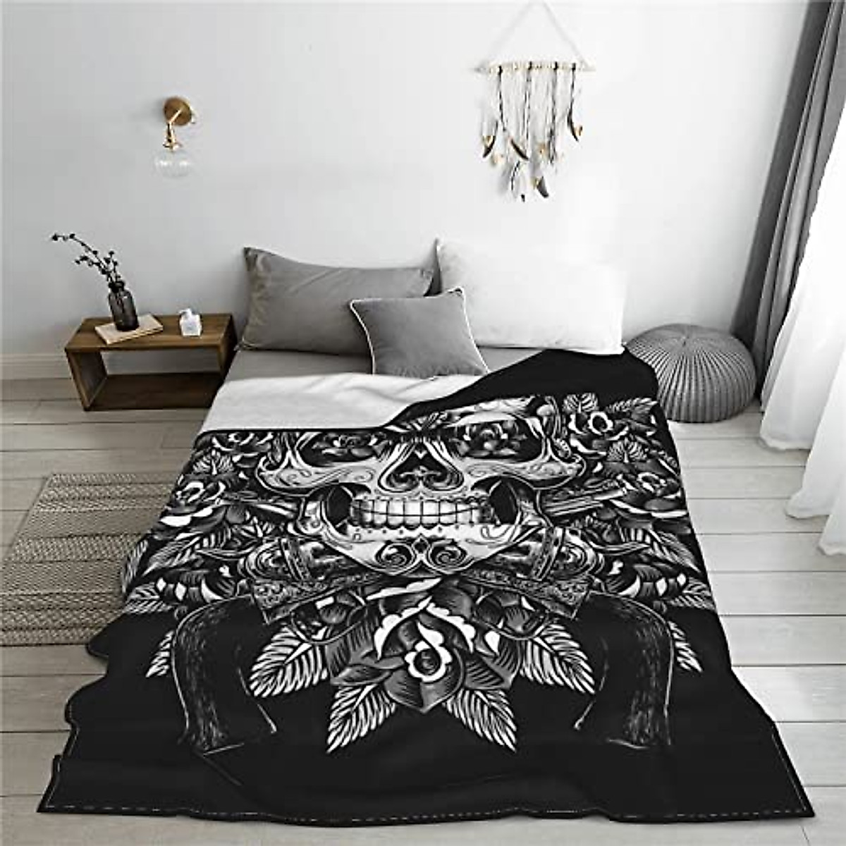 Ceaonact Black and White Sugar Skull Blanket Throw Blanket Fleece Blankets 60''X50''