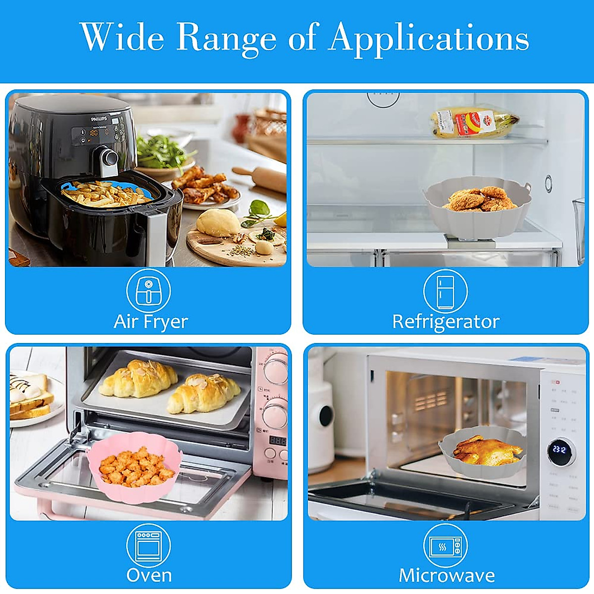 Silicone Air Fryer Liners 3 Pack Reusable Air Fryer Silicone Tray Basket Air fryers Silicone Pot Suitble for 3.5—5QT or Bigger Air fryers Oven（Blue,Grey,Pink)