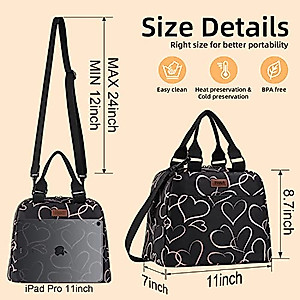 PBRO Insulated Lunch Bag for Women,Large Reusable Lunch Tote with Adjustable Shoulder Belt,Cute Love Heart Portable Lunch Box Cooler Bag,Perfect for Adult Girls Travel Picnic,Office,Working -Rose Gold