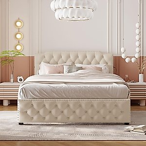 Prohon Queen Size Bed Frame w/ 2 Drawers and Two Sets USB Ports, Upholstered Platform Bed with Button Tufted Trim Headboard, Velvet Linen Wooden Bed Fram No Box Spring Needed, Beige