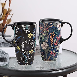 TZSSP Coffee Ceramic Mug Porcelain Latte Tea Cup With Lid 17oz. 2pack Blue and Black