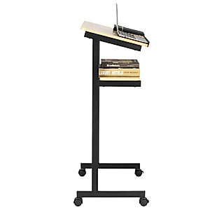 Bonnlo Mobile Wheeled Lectern Standing Podium, Portable Lecture Speech Teach Platform for Classroom Church or Ceremony, Multi-Function Reading or Laptop Desk, Table w/Tilted Top Board & Edge Stopper