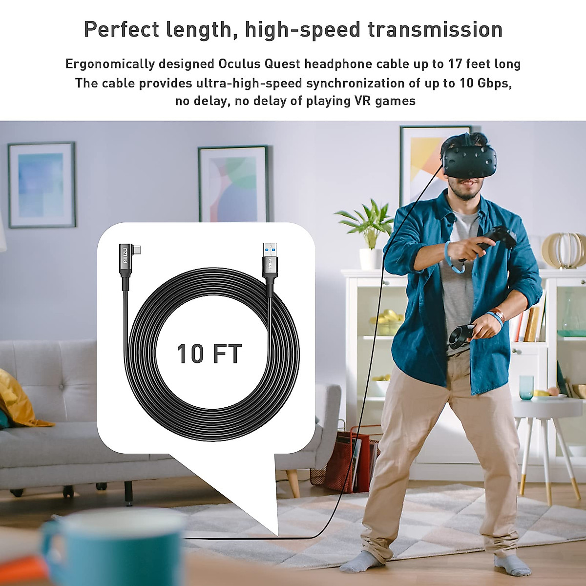 Link Cable 10ft Compatible for Oculus Quest 2,VR Headset Cable, High Speed Data Transfer & Fast Charging USB C 3.2 Gen1 Cord for VR Headset Game Accessories Black