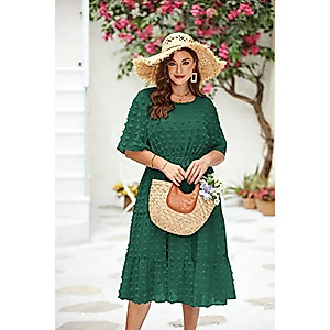 IN'VOLAND Womens Chiffon Elegant Plus Size Dresses Swiss Dot Babydoll Short Sleeve Party Midi Dress Dark Green