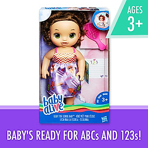 Baby Alive C2695 READY FOR SCHOOL BABY: Brown Hair Baby Doll, School-Themed Dress, Doll Accessories Include Notebook & Brush, Doll For 3-Year-Old Girls and Boys and Up, Multicolor (Amazon Exclusive)