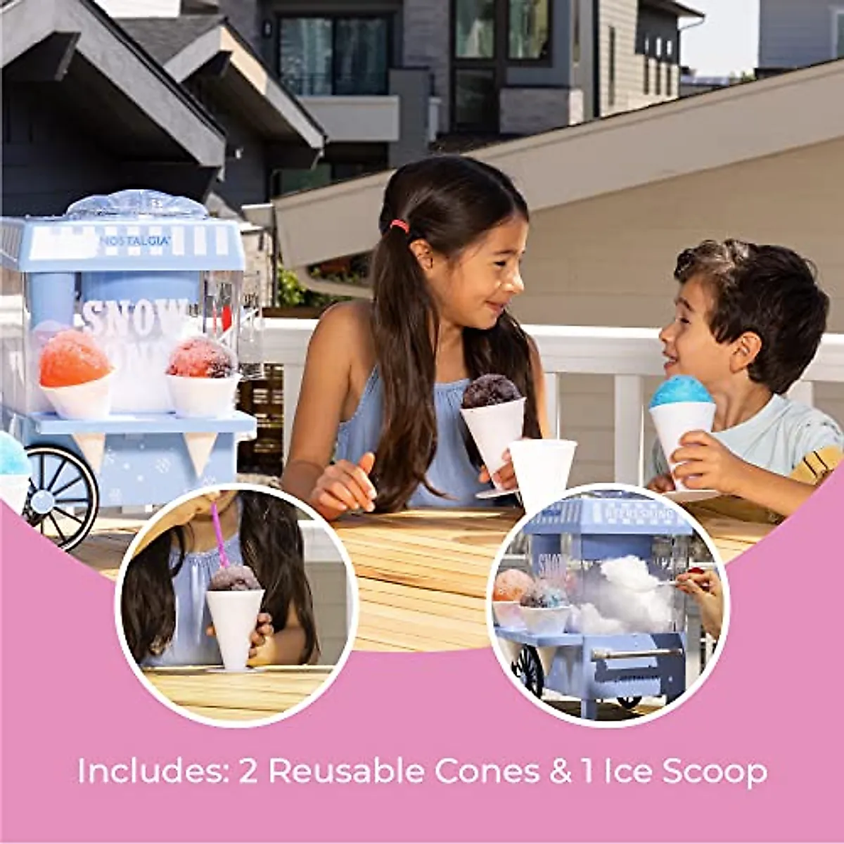 Nostalgia Vintage Countertop Snow Cone Machine - Slushie Machine - Shaved Ice Machine and Crushed Ice Maker - Makes 20 Icy Treats, Includes 2 Reusable Plastic Cups & Ice Scoop – Blue