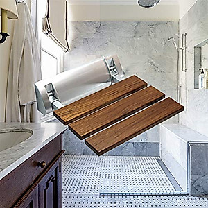 JCWANGDEFU Folding Shower Seat Wall Mounted Bathroom Bath Safety Stool Chair Bench, 12.8-Inch by 12.4-Inch, Load of 350 lbs, Teak