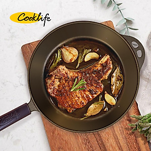 COOKLIFE 10.25 Inch Smooth Pre-Seasoned Round Cast Iron Skillet with Handle Cover, Frying Pan with Long Handle - Use in th Oven, Over a Campfire Fire or on the Stovetop, Induction, Grill, Bronze