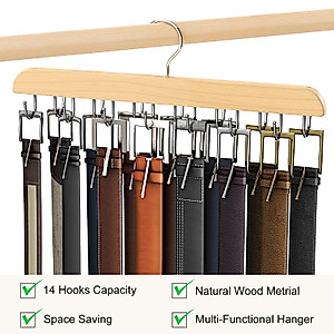 Resovo Belt Hanger for Closet, Sturdy Wood Belt Rack Closet Accessories with 14 Hooks Belt Organizer for Closet Organizers and Storage Max 42 Belts-Wood 1 Pack
