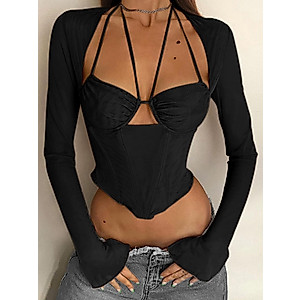 SOFIA'S CHOICE Women's Mesh Long Sleeve Crop Top Sexy Tie Back Asymmetrical Halter Cami