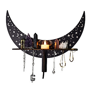 Lingshi Wooden Moon Crystal Display Shelf - Mini Floating Shelves for Crystal Witchy Decor Gem Stone Essential Oil Storage Rack Boho Room Decor for Bedroom Living Room(Crystal Not Included)