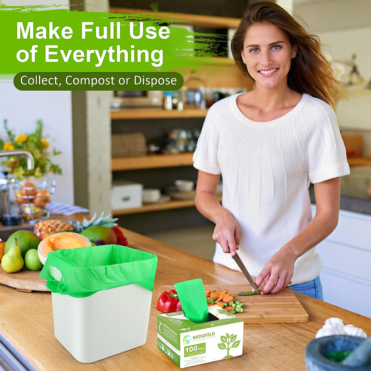 MIDOFELD 2.6 Gallon Compostable Bags, Biodegradable Small Trash Bags 100 Count Waste Basket Liner for Food Scrap, 0.8 mil Extra Thick Garbage Bag for Kitchen Countertop Bin, T-Shirt Bag BPI Certified