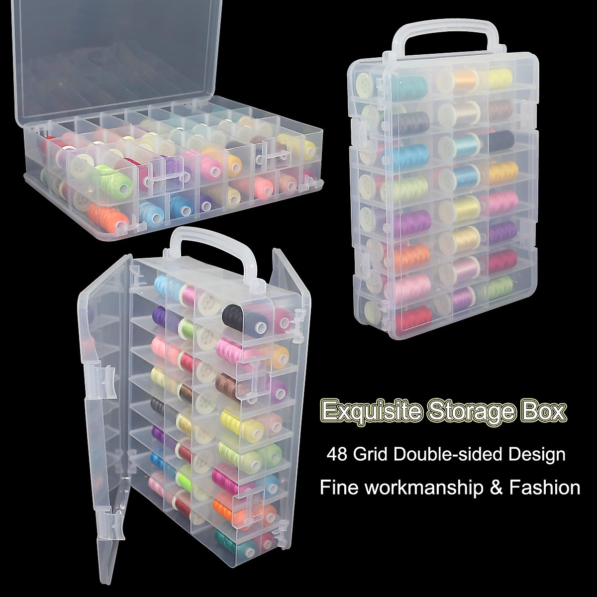 48 Grids Sewing Storage Box Double-Sided Storage Organizer Portable Thread Box Storage Clear Plastic Organizer Box for Embroidery and Sewing Threads, Beads, Small Crafts