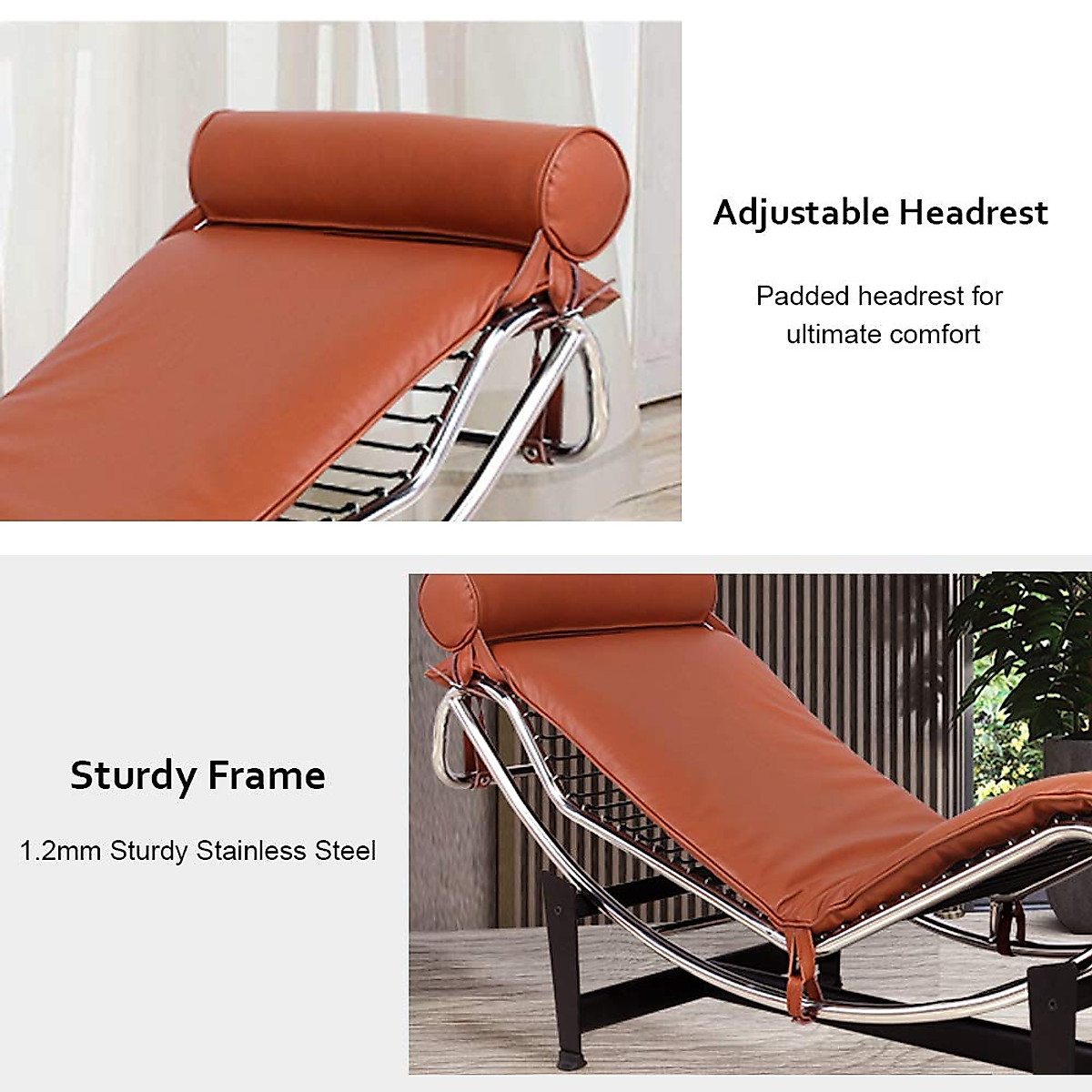 Patio Lounge Chair, Le Corbusier LC-4 Lounge Recliner Replica with Genuine Leather and Headrest, Adjustable Chair for Pool Side Outdoor Yard Lawn (Light Brown)