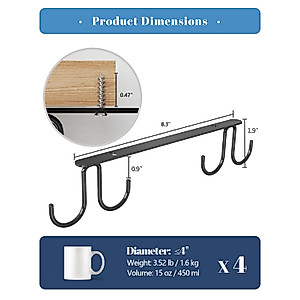 Luckinow Mug Hooks Under Cabinet 3 Pack, Coffee Cup Hooks for Hanging Under Shelf, Mug Organizer Rack with 12 Hooks for Displaying Mugs, Coffee Cups and Kitchen Utensils, Black