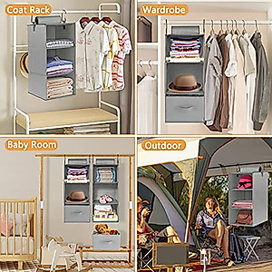 Hanging Closet Organizer, 2 Pack Hanging Closet Shelves w/ Drawers, 3-Shelf Foldable Hanging Organizer by 2 Hanging Ways for Closet Wardrobe Rv Dorm Bedroom Nursery Storage, 22.8x11x11in (Gray)