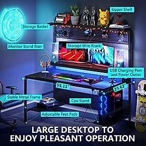 Tribesigns 55 Inch Gaming Desk with 2-Outlet & 2 USB Ports, Large Computer Desk with Monitor Stand, Ergonomic Gamer Table with Metal Storage Basket, Black
