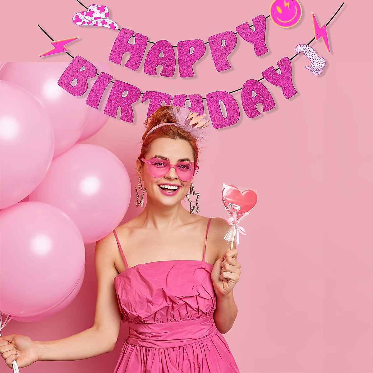 Hot Pink Happy Birthday Banner Preppy Happy Face Leopard Party Favors for Kids Teens Girls Birthday Bachelorette Early 2000s Theme Party Y2K Party Hippie Party Decorations