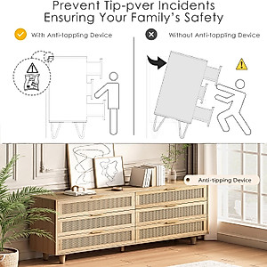 6 Drawer Double Dresser for Bedroom,Natural Rattan Modern Drawer Chest,Wooden Storage Wardrobe Dresser with Gold Handles,Floor Standing Storage Cabinet, for Entrance,Living Room,Hallway-Natural