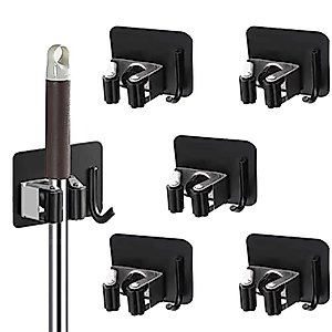 Seamaka 5PCS Broom Holder with Hangle Stainless Steel Wall Mount Mop Holder Self Adhesive ​Mop Grippers Heavy Duty Broom Hanger for Laundry Room Garden Tool Holder Bathroom Accessories Black O-009-BK