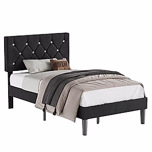 VECELO Twin Size Bed Frame, Upholstered Platform with Adjustable Diamond Tufted Headboard, Wood Slat Support, No Box Spring Needed, Velvet Black