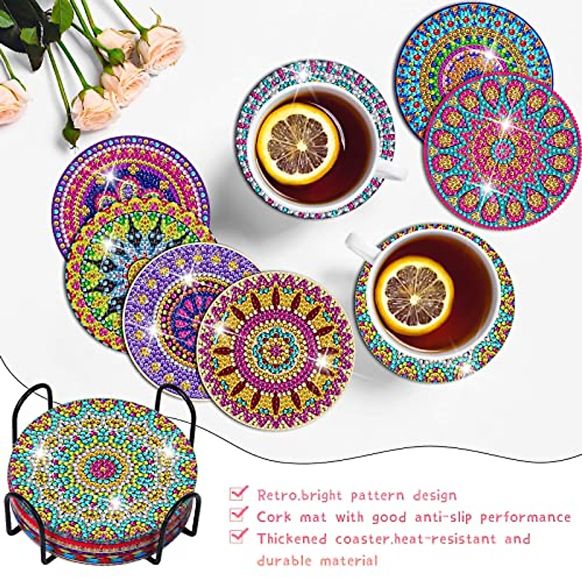 Billbotk Diamond Painting Coasters Kit, 8 Pieces Mandala with Holder, DIY Art for Beginners, Kids