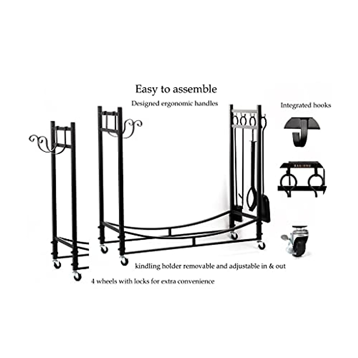 KAG ONE Firewood Storage Rack with Kindling Holder, Black, Metal, 33.4"L x 13"W x 32.9"H, 200 LBS Weight Capacity