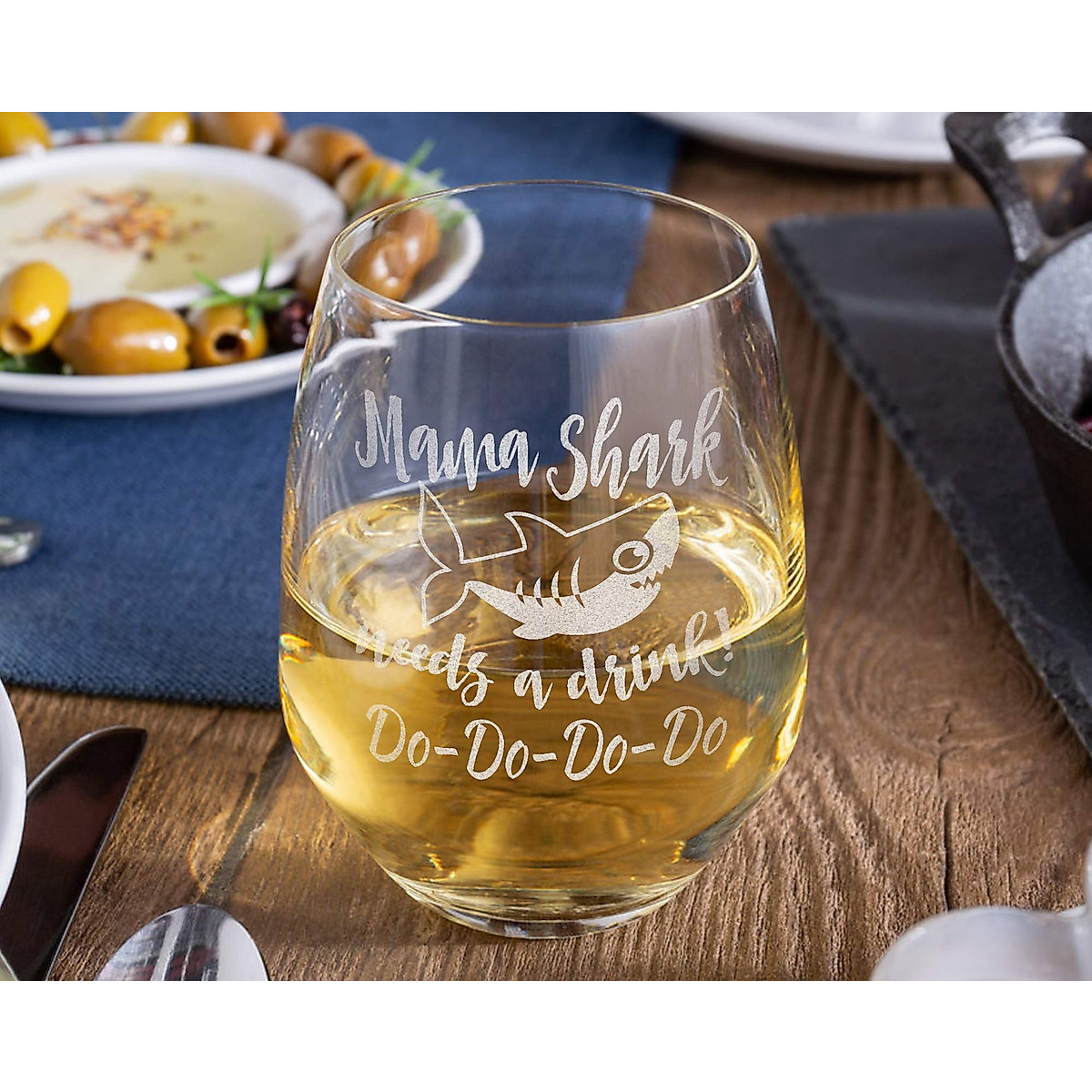 Custom-Engraved-Glasses-by-StockingFactory Mama Shark Needs a Drink Do Do Novelty Stemless Wine Glass First Mother's Day from Daughter, Son Funny Sayings for New Mom, Wife, Baby Shower