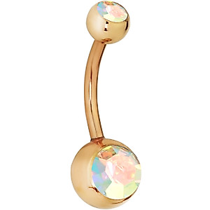 Forbidden Body Jewelry Rose Gold IP Plated Surgical Steel Double CZ Crystal Belly Button Ring (Aurora Borealis)